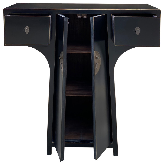 Chinese Moon Face T-Shape Black Lacquer Drawers Side Table Cabinet ...