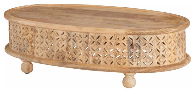 Natural Mango Wood Round Coffee Table with Lattice Carved Pattern ...
