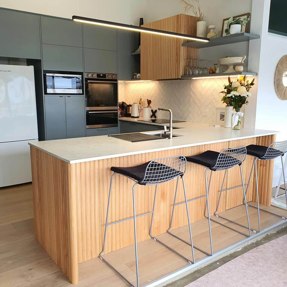 Sage green kitchen with timber panelling - Contemporary - Kitchen ...