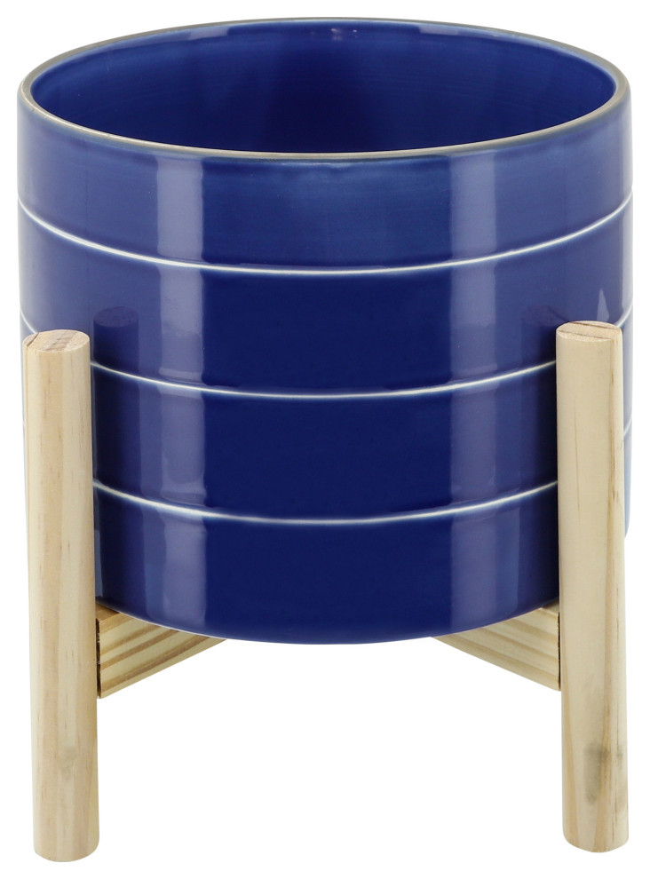 8" Striped Planter With Wood Stand, Navy - Contemporary - Indoor Pots ...
