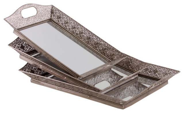 Pierced Silver Metal Trays, 3-Piece Set - Transitional - Serving Trays ...