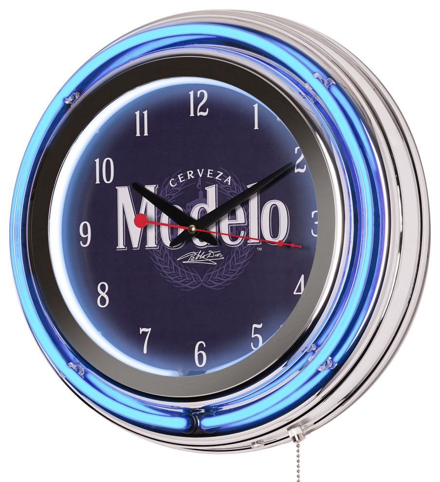 Modelo Retro Round Neon Wall Analog Clock with Pull Chain - 14.5 ...