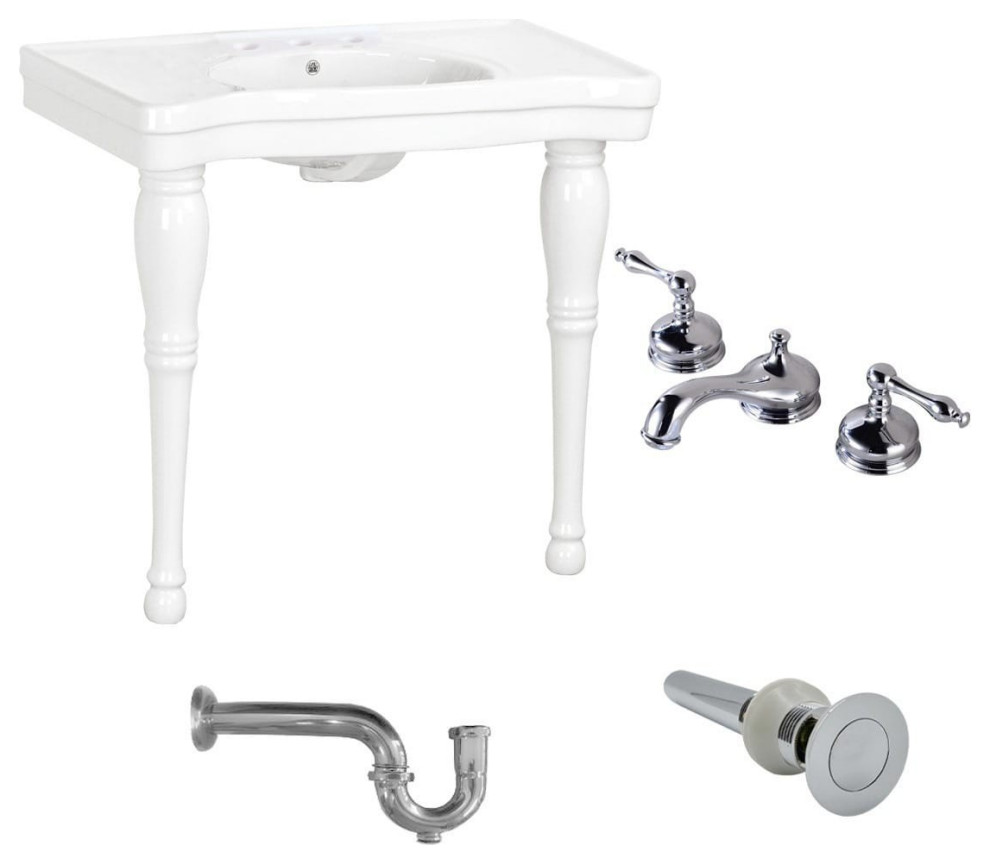 Console Sink White Porcelain with Hardwood Leg, 8" Faucet and P Trap ...