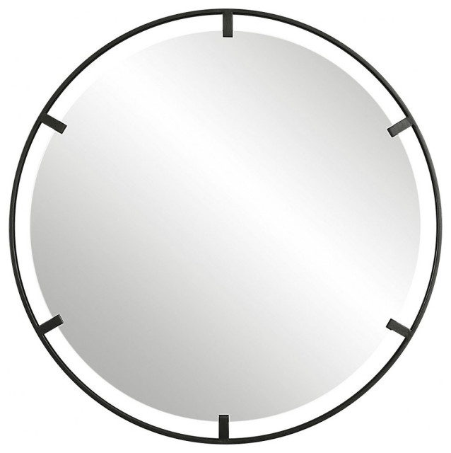 Modern Round Floating Wall Mirror in Satin Black Refined Iron Frame and ...