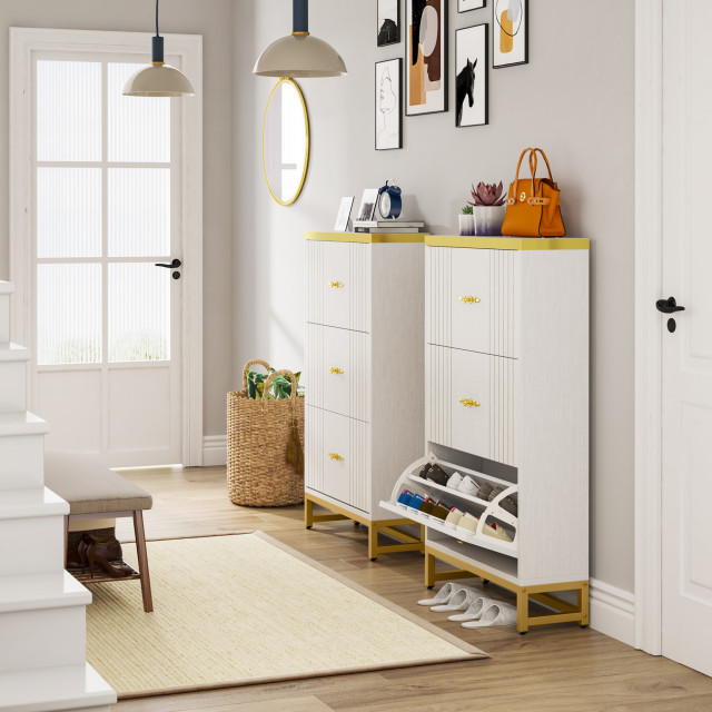 Modern 18 Pair Shoe Cabinet With 3 Flip Drawers - Contemporary - Shoe ...