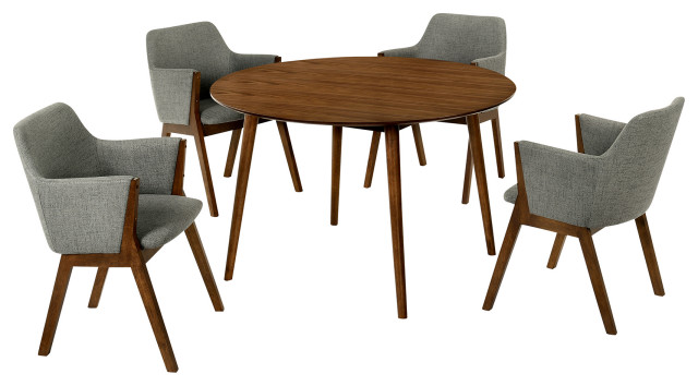 Arcadia and Renzo 48" Round Charcoal and Walnut Wood 5 Piece Dining Set ...