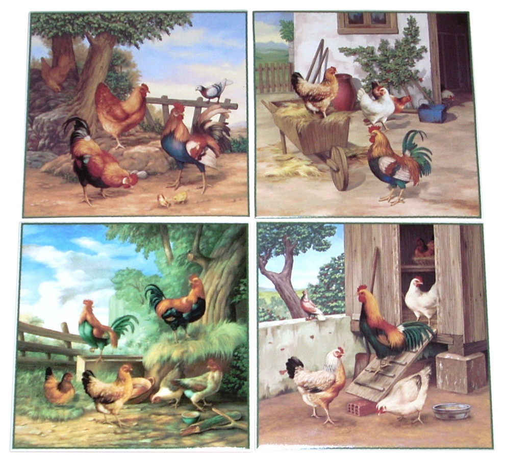 SALE Rooster Ceramic Tile Chicken Scenes, 4-Piece Set - Farmhouse ...