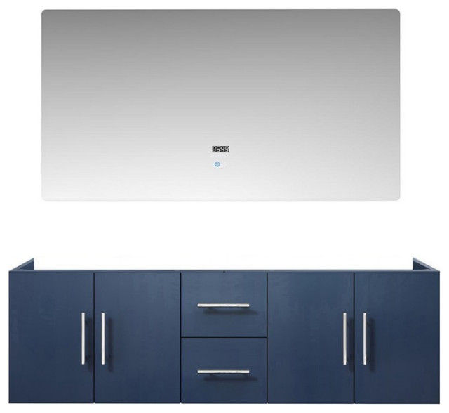 Geneva Transitional Navy Blue 60" Double Vanity with 60" Led Mirror, no ...