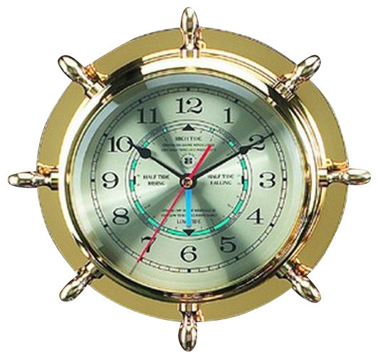 Brass Ship's Wheel Quartz Tide and Time Clock - Beach Style - Wall ...