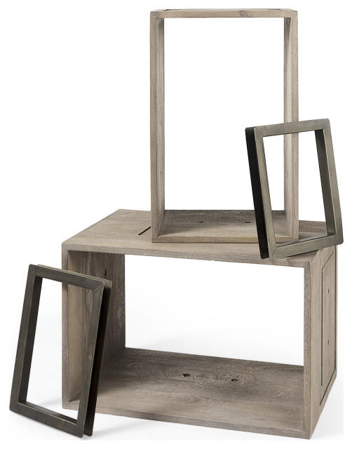 Set of Two Rustic Light Gray Brown Cube Box Shelves - Industrial ...
