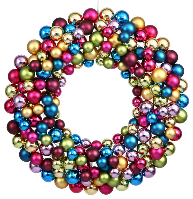 22" Multi Colored Ball Wreath - Contemporary - Wreaths And Garlands ...