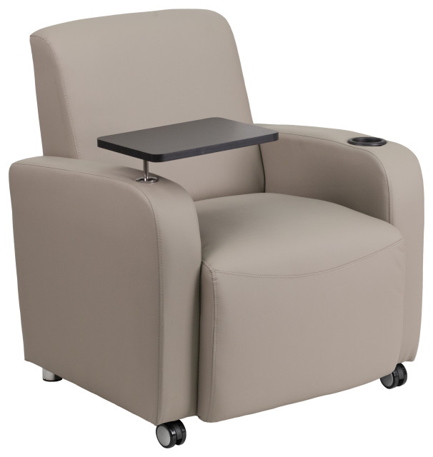 Gray Leather Guest Chair with Tablet Arm, Front Wheel Casters and Cup ...