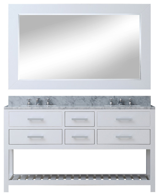 60" Pure White Double Sink Bathroom Vanity With Matching Framed Mirror ...
