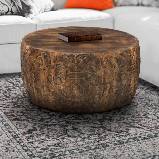 Rea 34" Coffee Table Mango Wood Round Drum Carved Damask Walnut Brown ...
