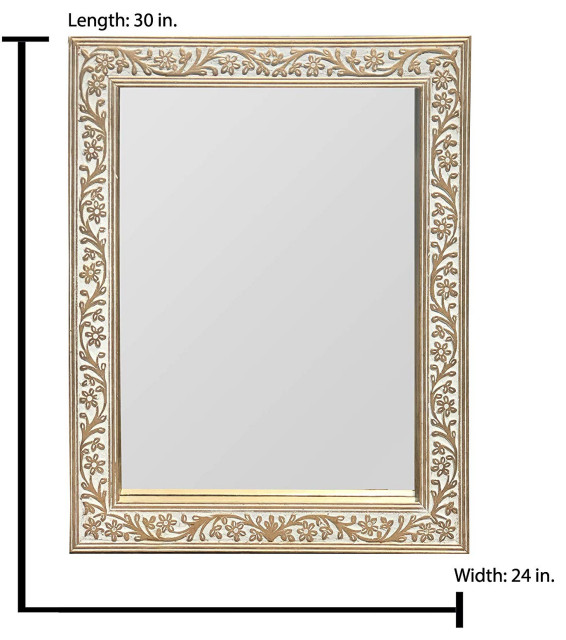 Mango Wood Rectangular Wall Mirror Vintage Carving, Rustic White, Gold ...