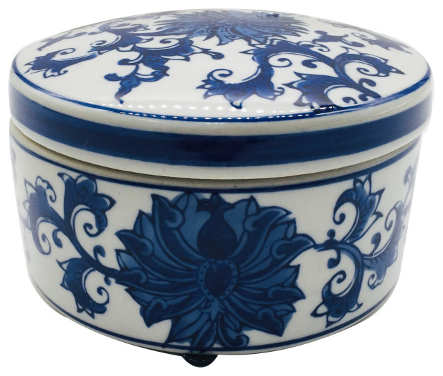 Blue & White Chinoiserie Round Ceramic Box - Lotus - Asian - Decorative ...