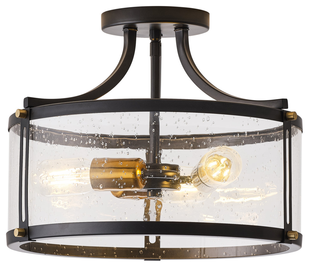 Farmhouse Matte Black 3-Light Seeded Glass Semi Flush Mount Ceiling ...