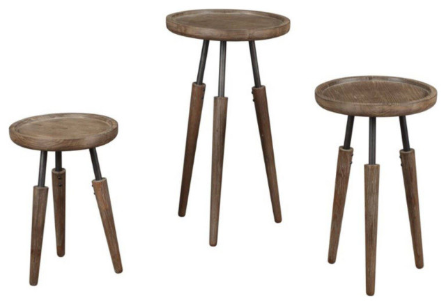 Set of 3 Industrial End Table, Tripod Legs With Tray Circular Wooden ...