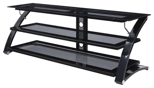 Modern V-Shaped TV Stand with Smoked Glass Shelves and Black Metal ...