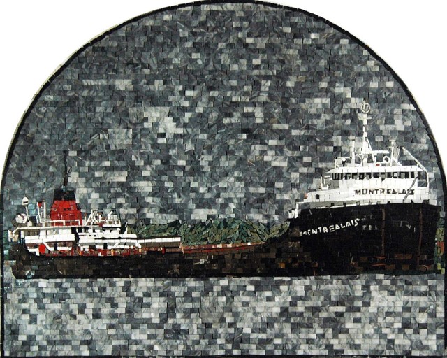 Boat Scene In An Arched Design Mosaic, 59" x 47" - Beach Style - Tile ...