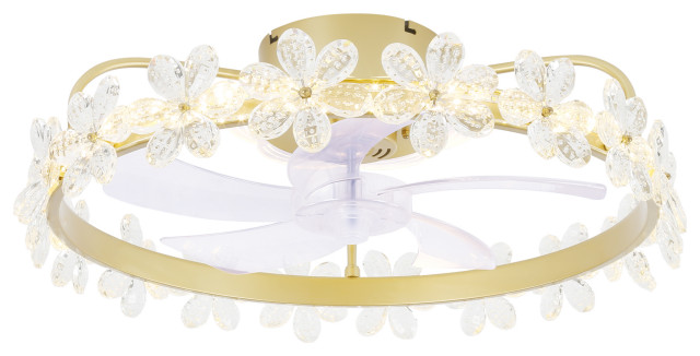 20" Gold Crystal Flowers Ceiling Fan 3 Color Tone 6 Fan Speed ...