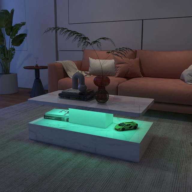 Modern Coffee Table, Marbleized Surface With LED Lights & Remote ...