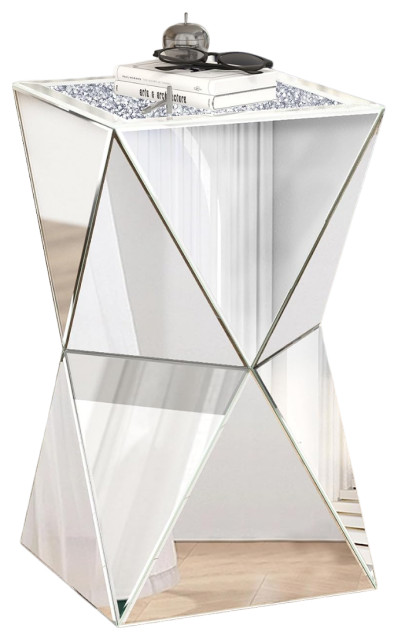 Elegant End Table, Mirrored Design With Geometric Shape & Faux Diamond ...