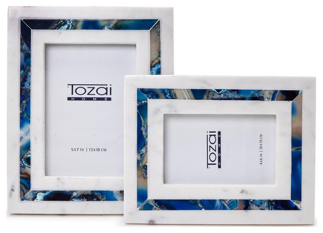 Tozai Blue Agate Inlay Set of 2 White Marble Photo Frames ...