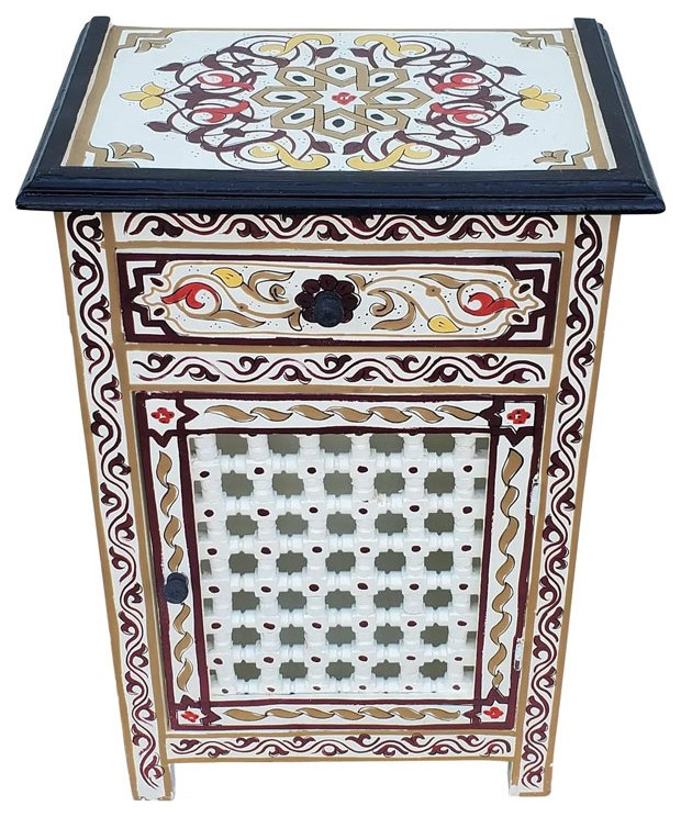Moroccan Hand Painted Wooden Musharabi Beige Nightstand - Mediterranean ...
