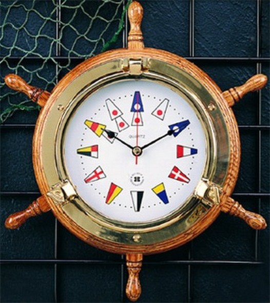 Brass Ship's Wheel Porthole Quartz Clock on Oak With Nautical Numbers ...
