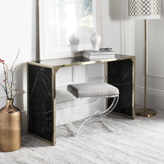 Contemporary Console Table, Gold Metal Frame With Black Faux Marble Top ...