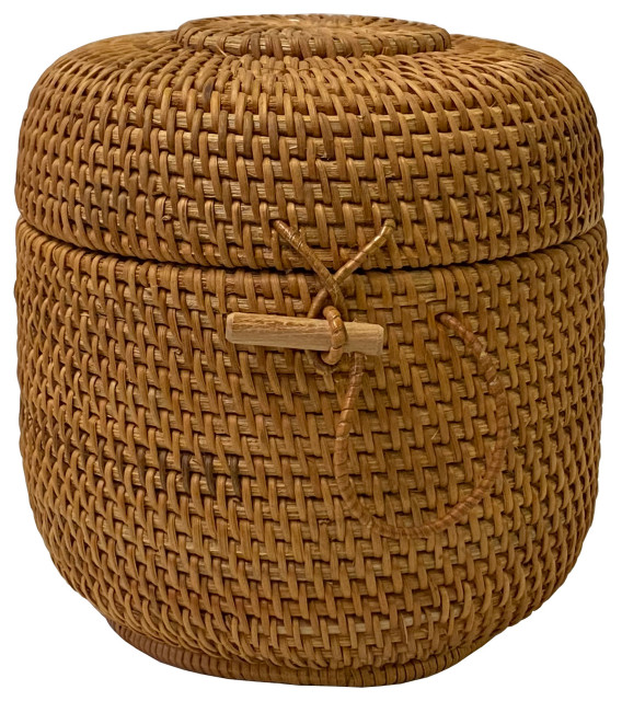 Asian Handmade Rustic Brown Rattan Round Accent Storage Box Hws2979 ...