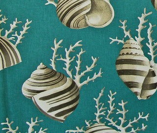 Teal Blue Seashell Coral Fabric Ocean - Beach Style - Drapery Fabric ...
