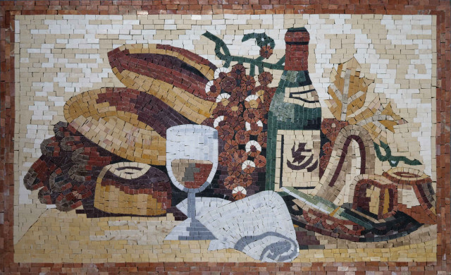 Food Mosaic Art - Bread & Wine, 39" x 23" - Farmhouse - Tile Murals ...