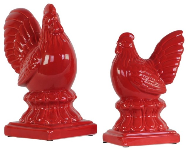 Stoneware Glossy Rooster Figurine on Pedestal, Set of Two, Red ...
