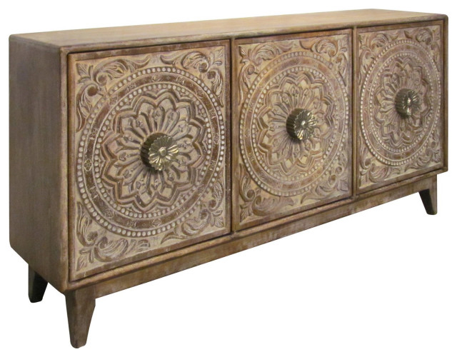 Farmhouse Console Table, Mango Wood Frame With Carved Cabinet Doors ...
