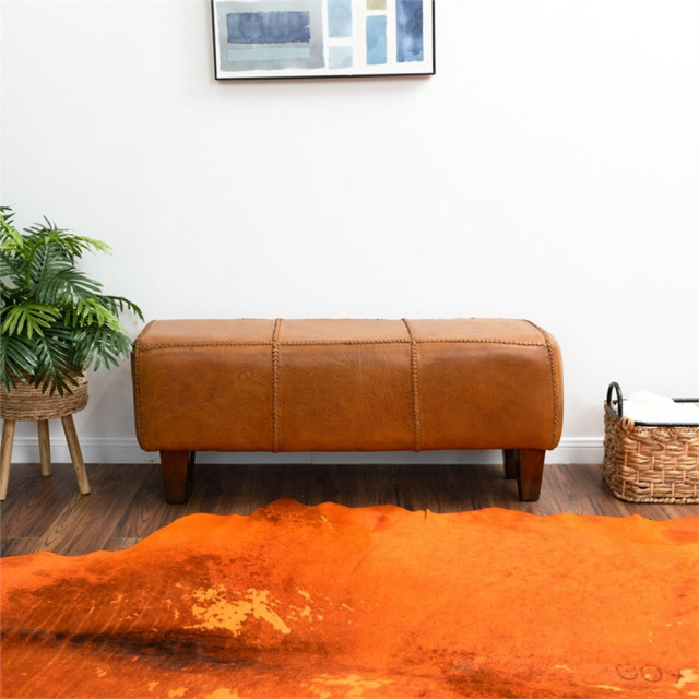 Serena Mid-Century Modern Genuine Leather Upholstered Bench in Tan ...