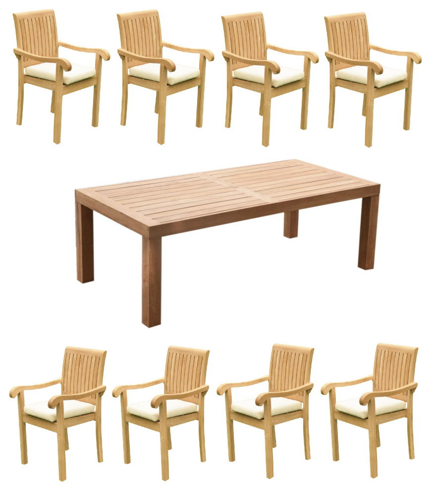 9-Piece Outdoor Teak Dining Set: 86" Rectangle Table, 8 Nain Stacking Arm Chairs - Transitional ...