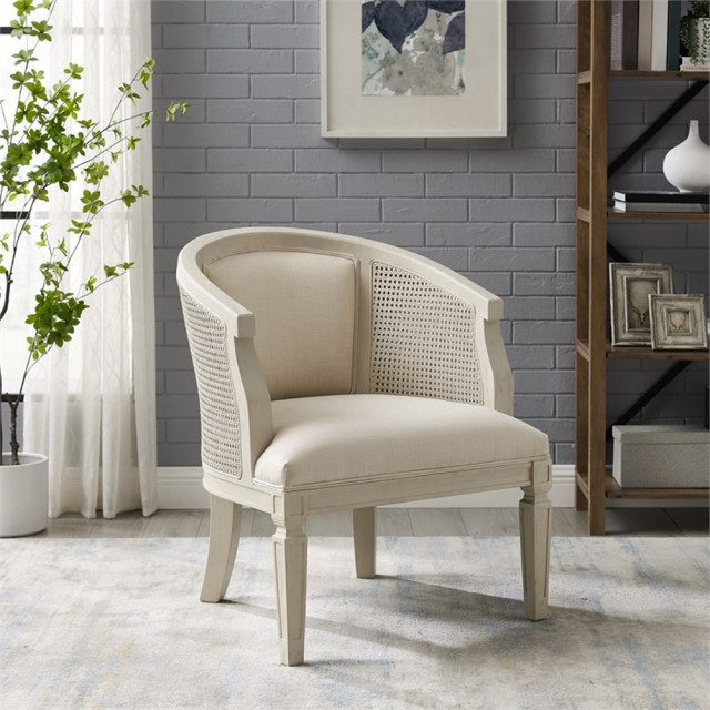 Linon Sandry Wood Barrel Chair Padded Back & Seat Woven Cane Sides in ...