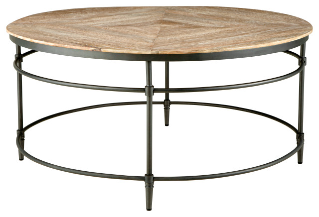 Fenway 38" Solid Wood and Metal Round Coffee Table in Pickled Mango ...