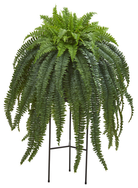 44" Boston Fern Artificial Plant, Stand Black Planter - Modern ...