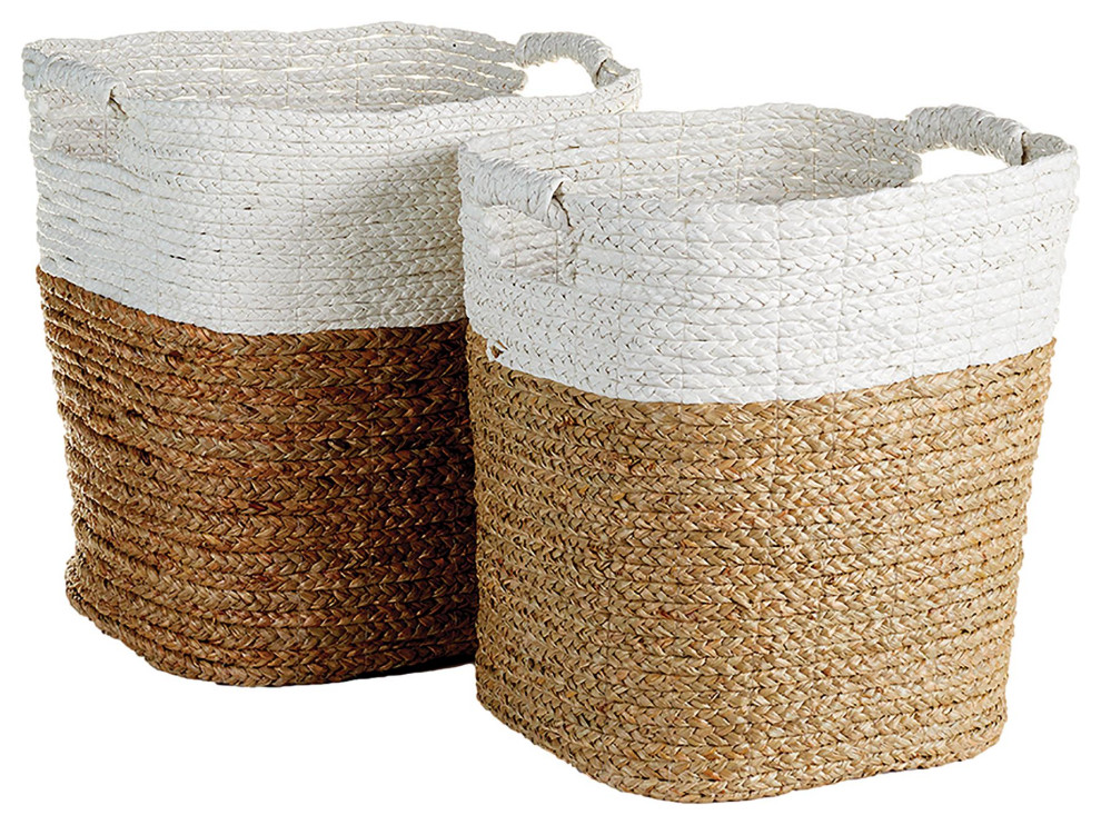 Set 2 Contemporary Casual Natural White Tall Tote Baskets with Handles ...