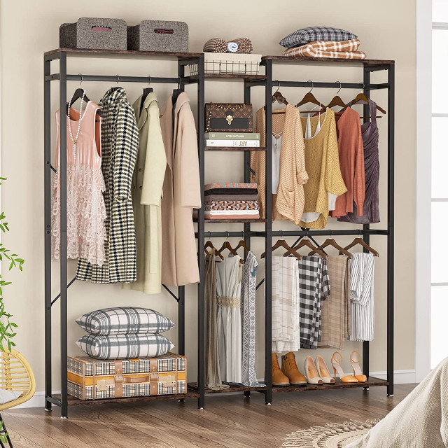 Tribesigns Freestanding Closet Organizer 3 Hanging Rod and Shelves ...