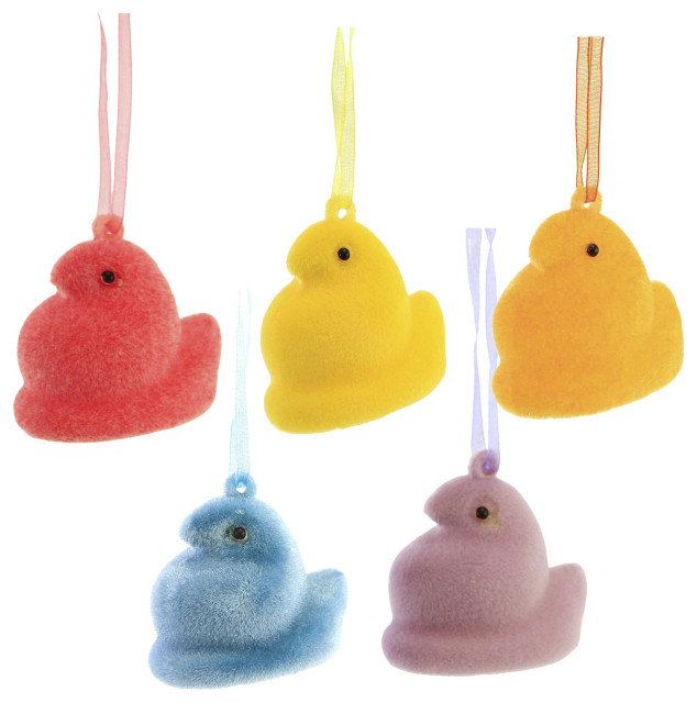 Easter Peeps Chicks Mini Ornaments Plastic Set/5 Flocked Fuzzy Spring ...