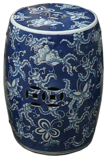 Chinese Blue and White Porcelain Round Butterflies Stool - Asian ...