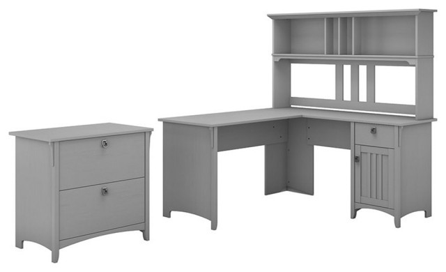 Pemberly Row 60W L Shaped Desk with Hutch and File Cabinet in Cape Cod ...