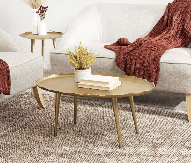 Modern Glam Coffee Table, Oval Design With Unique Textured Deckled Top ...