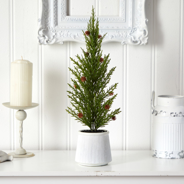 20" Cedar Pine Natural Look Faux Tree With Mini Pine Cones, Decorative ...