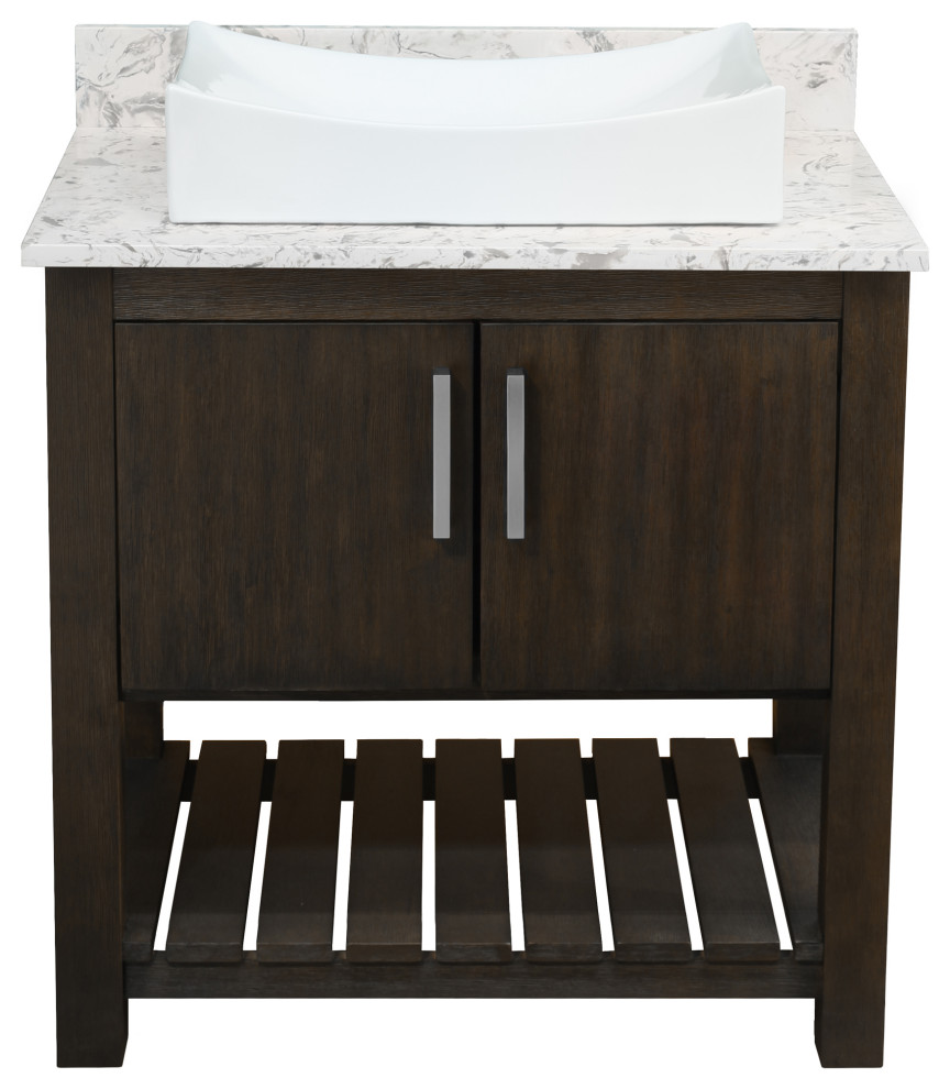 30" Vanity, Cafe Mocha Quartz Top, Backsplash, Sink, Drain, and P-Trap ...