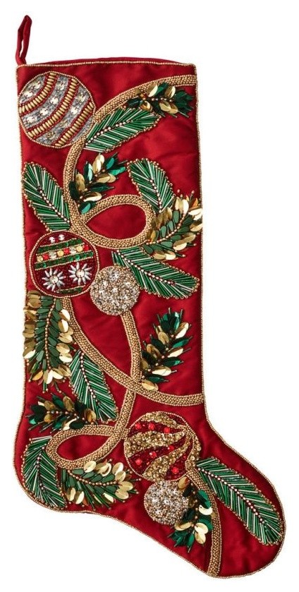 Kim Seybert Mistletoe Stocking, Red/Green/Gold - Contemporary - Christmas Stockings And Holders ...
